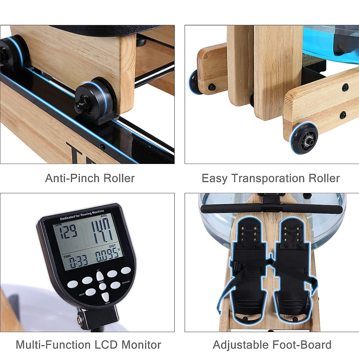 TRUNK Water Rowing Machine for Home Gym Fitness, Classic Solid Wood Rower Machine with LCD Monitor Whole Body Exercise Cardio Training