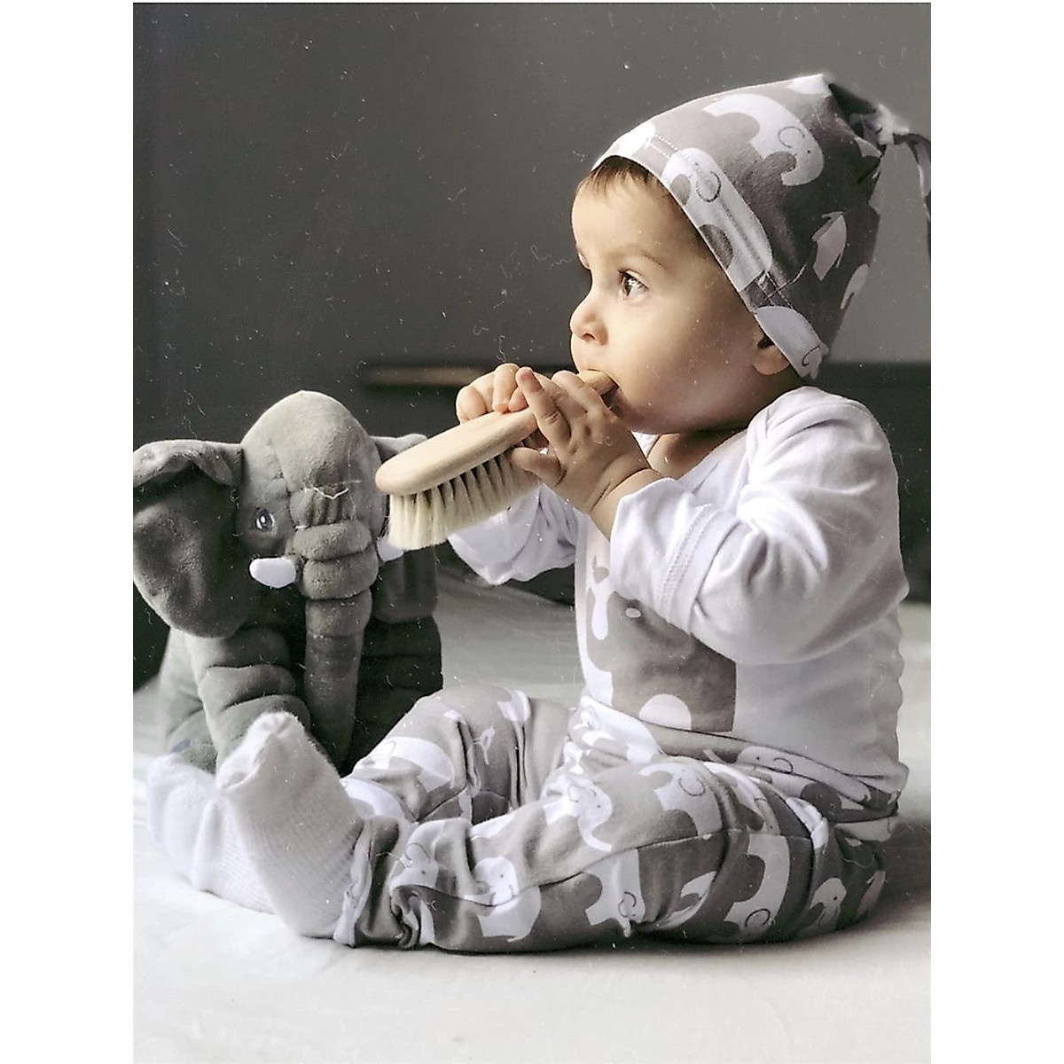 Siracend Newborn Infant Baby Boy Clothes Elephant Print Long Sleeve Bodysuit + Pants + Hat 3 PCS Outfits Set (0-3 months) White