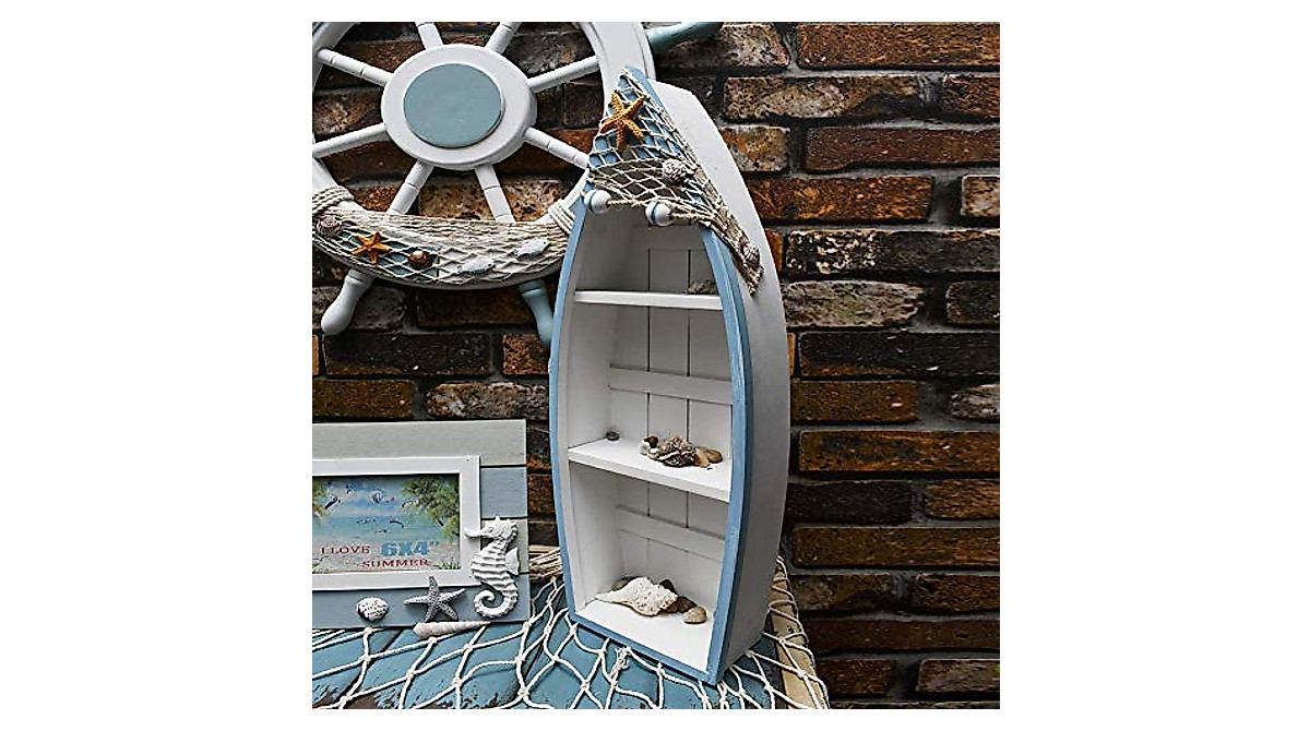 Set of 2 Nautical Wooden Boat Display Shelves | Beach Decor