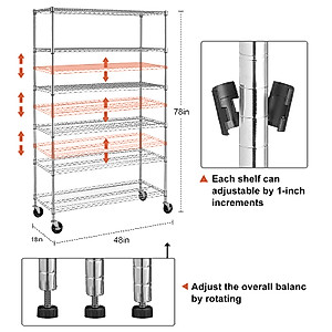 YYkokocat Heavy Duty 6 Tier Shelving Unit Adjustable 6000Lbs Capacity Steel Storage Rack 18" x 48 x 76 Mobile Shelves Wire Shelf Silver Rolling Utility Cart for Pantry Garage Kitchen, Chrome