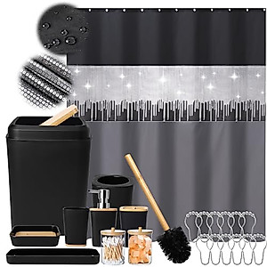 Black Bathroom Accessories Set with Glitter Shower Curtain,10 Piece Bathroom Sets with Trash Can,Toothbrush Holder,Toothbrush Cup,Lotion Soap Dispenser,Vanity Tray,Soap Dish,Toilet Brush,Qtip Holder