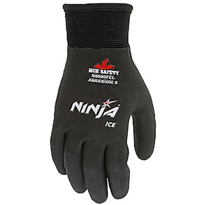 MCR Safety Gloves N9690FCL Ninja Ice Insulated Work Gloves 15-Gauge Black Nylon with Acrylic Terry Interior Fully Coated with HPT, Large, 1 Pair