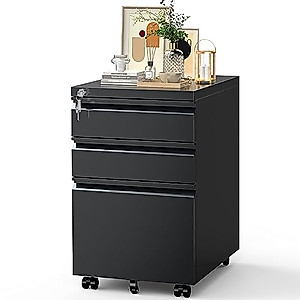 3 Drawer File Cabinet - Locking Filing Cabinet, Rolling Small Metal File Cabinets with Wheels, Under Desk storage for A4, Letter, Legal Pre-Assembled Home Office Mobile File Cabinet - Black