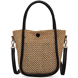 QTKJ Summer Beach bag, Handwoven Straw bag, Beach Tote Leather Shoulder Strap with Removable Storage Bag, Woven Bag for Women Handbag Shoulder Bag (Black)