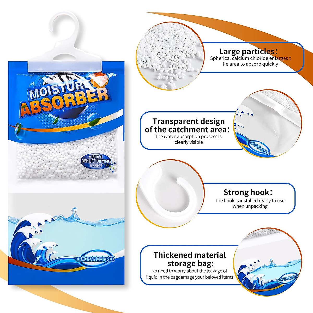 ZSZMFH 15 Pack Moisture Absorber Hanging Bags, Fragrance Free Humidity Packs, Hanging Closet Dehumidifier Bags, Moisture Absorber Packets-220g/pack.