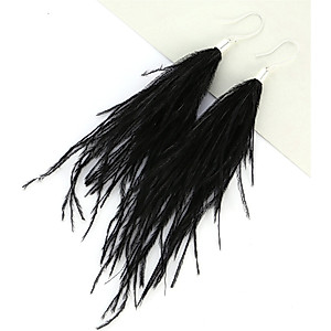 Black Feather Women Earrings Bohemian Long Drop Black Light Wedding Accessories (Black, silver-plated-base)