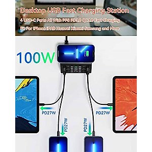 USB Charger, ASOMETECH 100W 8 Port Multiple USB Charging Station with 4 Quick Charge 3.0, 4 USB C PD Port, Wireless Charger, LCD Display Fast USB Charging Hub for iPhone 13 12 iPad Samsung and More