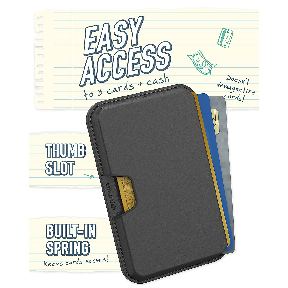 Smartish MagSafe Wallet - Side Hustle - Vegan Leather Slim Detachable Magnetic Card Holder Qi2 Certified iPhone MagSafe Wallet for Apple iPhone 15/14/13/12 Models - Black Tie Affair