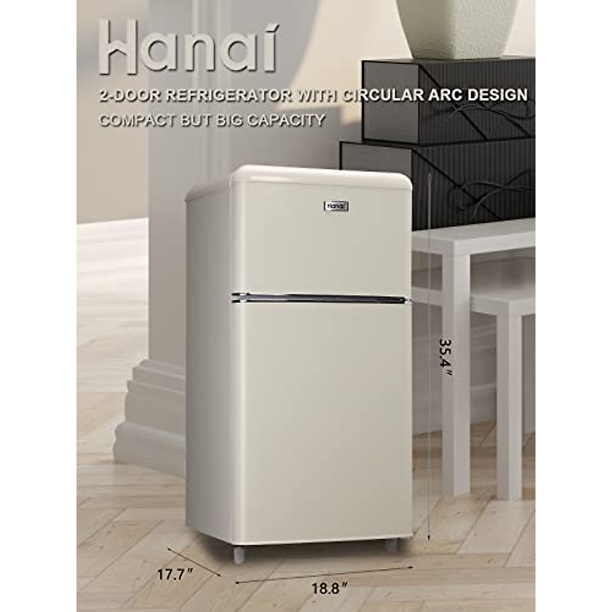 WANAI Compact Refrigerator 3.2 Cu.Ft Retro Cream Fridge With Freezer 2 Door Mini Refrigerator with 7 TEMP Modes, Removable Shelves, LED Lights, Ideal for Apartment Dorm and Office, Cream