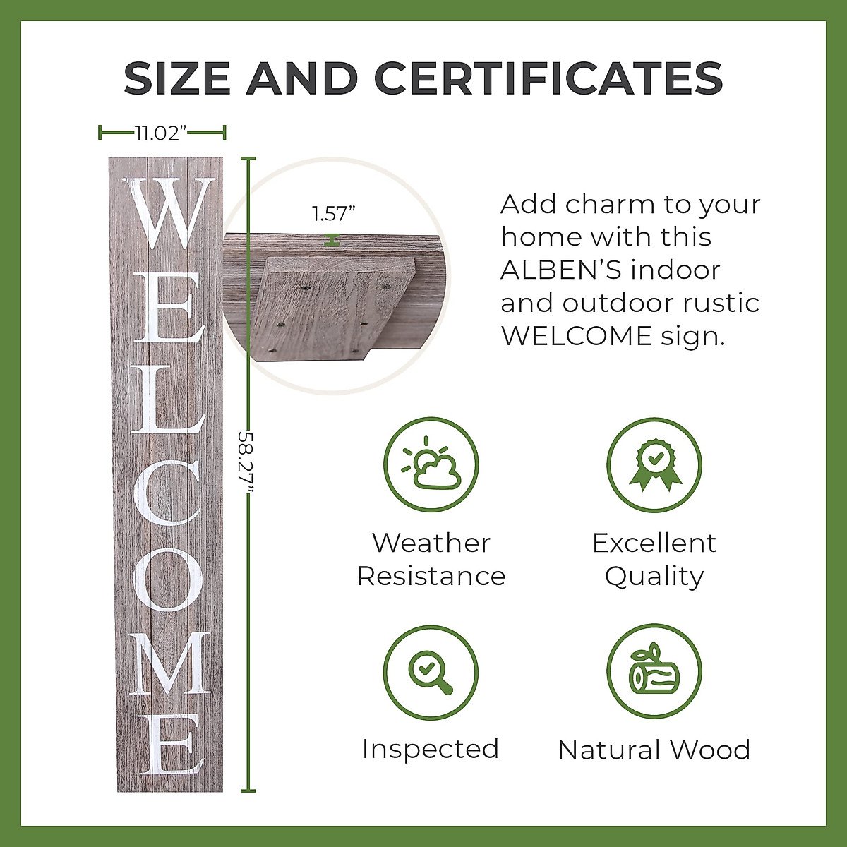 ALBEN Premium Extra Large Welcome Sign for Front Door Porch – 5 Feet Tall (58" x 11") Standing Vertical Wooden Sign, Indoor Home Decor Wall Decorations (Gray)