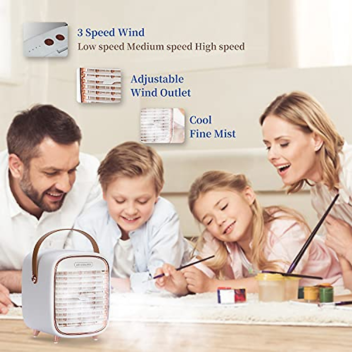 Portable Air Conditioner, Rechargeable Personal Air Conditioner, Mini Air Conditioner with 3 Speeds, Quiet Cordless Mini AC with Handle for Bedroom, Office, Dorm, Camping