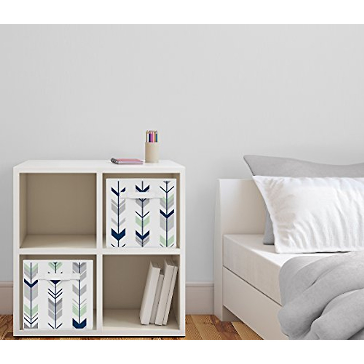 Sweet Jojo Designs Navy Blue and Mint Woodland Mod Arrow Foldable Fabric Storage Cube Bins Boxes Organizer Toys Kids Baby Childrens for Collection Set of 2