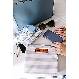 Stylish Diaper Bag Organizing Pouches - XL Set of 4 Gray and White Striped Canvas Diaper Bag Pouches with Leather Embossed Labels, Leather Wristlet Strap & Durable Metal Zippers