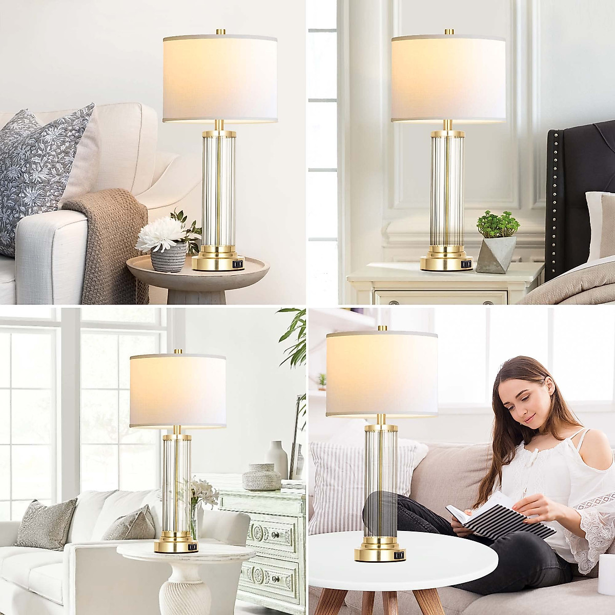 QiMH Touch Control Table Lamp Set of 2 with USB Ports, 3-Way Dimmable Nightstand Lamp with Fabric Cream Shade, Modern Bedside Lamp for Living Room Bedroom Reading, LED Bulbs Included