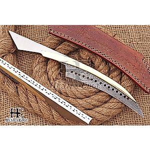 HUNTEX Custom Handmade Hand-Forged Rain Drop Pattern Damascus Steel 11 Inch Long Full Tang Steel-Brass Handle Razor Sharp Hunting Camping Hawkbill Knife w/Genuine Leather Pouch
