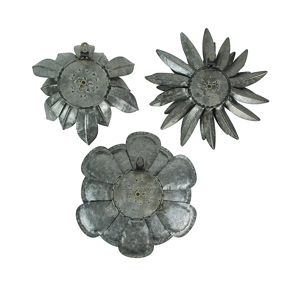Zeckos Set of 3 Galvanized Metal Flower Wall Hanging Sculptures Home Decor Floral Art 10 Inches High - Nature Accents for Country or Farmhouse - Easy Install