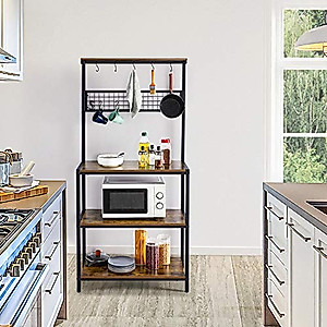 Yaheetech Kitchen Bakers Rack, Coffee Bar Station Microwave Stand with 10 Hooks and Adjustable Feet, Freestanding Utility Storage Shelf for Kitchen, Dinning Room, Living Room, Rustic Brown