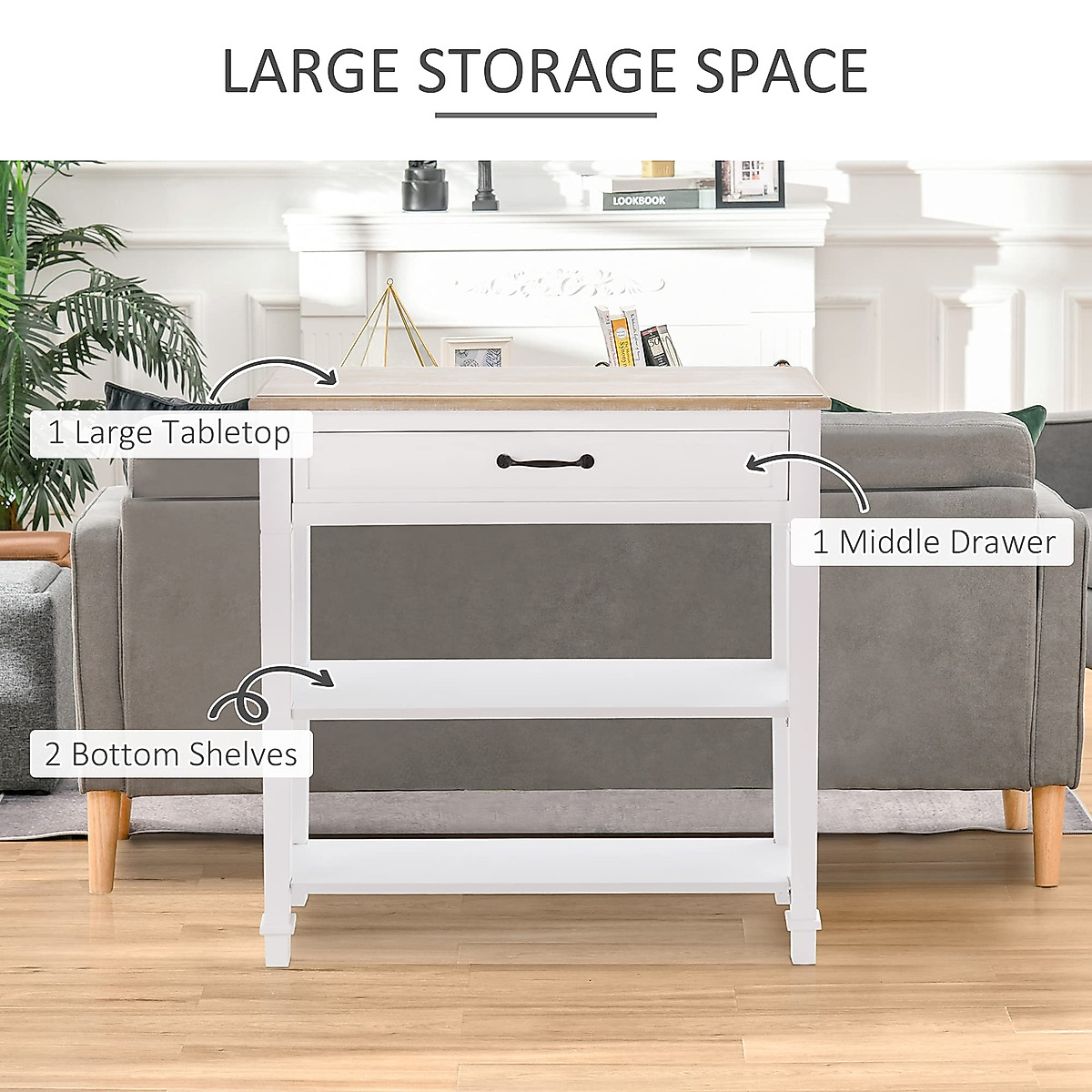 HOMCOM Modern Style Sofa Console Entry Hallway Table with Drawer and Shelves, Sturdy Build, and Large Storage, White