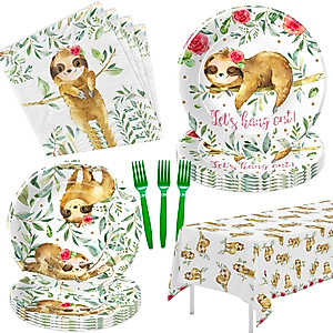APOWBLS Sloth Birthday Party Supplies Girl, Sloth Party Decorations Tableware For Baby Shower Birthday, Paper Plate, Napkin, Fork, Tablecloth, Jungle Animal Sloth Party Supplies Dinnerware | Serve 24