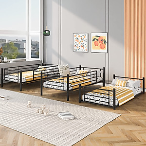 Majnesvon Metal Twin Size Triple Bunk Bed, Twin-Over-Twin-Over-Twin Triple Bed Frame Can be Split into 3 Bed with Built-in Ladder and Guardrails for Teens, Boys, Girls (Black)