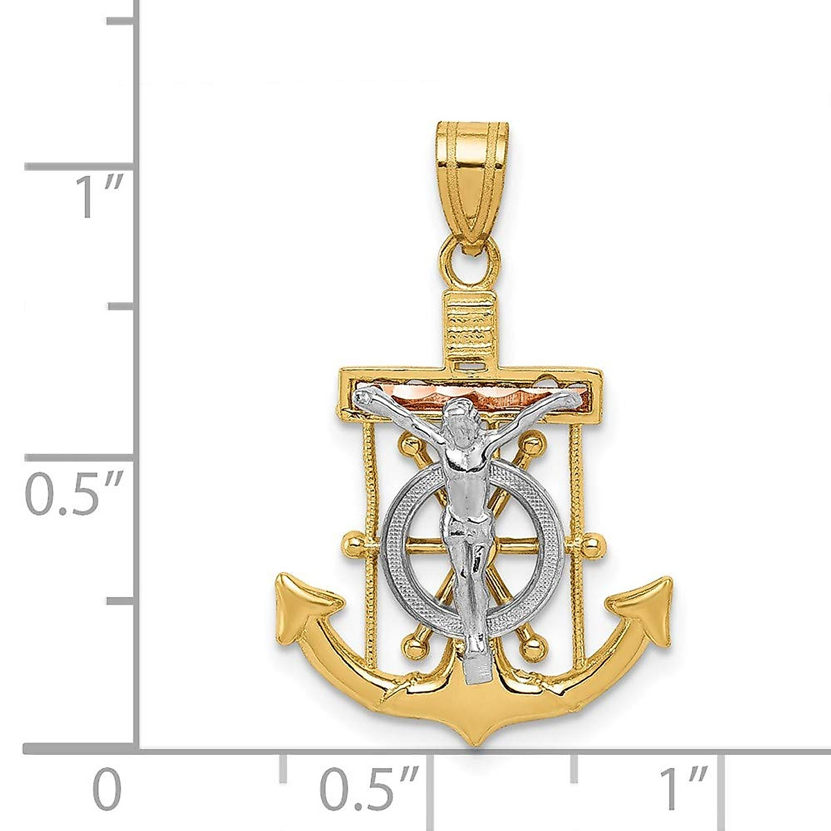 14k Tri-color Diamond-cut w/Textured Mariner's Cross Pendant QC3930