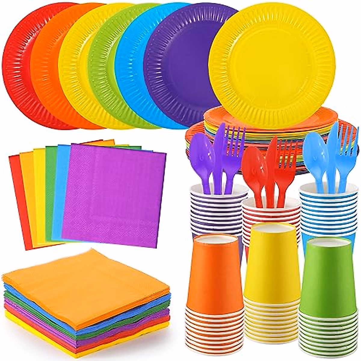 420 Pieces Rainbow Disposable Dinnerware Tableware Set 7 9 Inch Colorful Party Paper Plates Paper Cups Napkins Spoons Forks Knives Complete Party Pack for Birthday Neon Fiesta Party Supplies