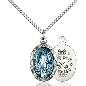 Heartland Store Women's Oval Blue Enamel Miraculous Medal with 18" Sterling Silver Chain