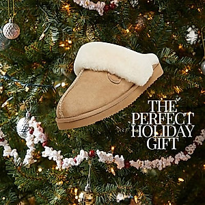 Dearfoams Women's Fireside Sydney Shearling Fur Indoor/Outdoor Scuff Slipper with Wide Widths, Sand, 7