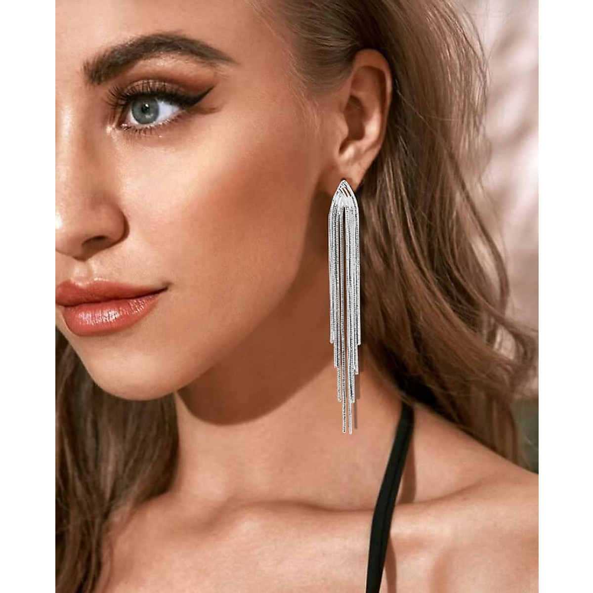 Long Silver Earrings for Women Dangling Silver Tassel Earrings Silver Long Metal Chain Tassel Dangle Earrings Silver Fringe Earrings Geometric Earrings Bridesmaid Jewelry