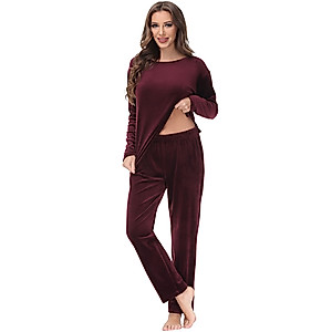COZZIPLUS Women Velour Lounge Set 2 Piece Velvet Pajama Set Sweatsuit Crew Neck Sweatshirt and Elastic Waist Sweatpant(Burgundy,M)