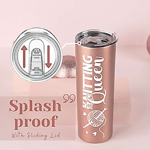 Onebttl Knitting Gifts for Women, Crochet Lovers - Knitting Queen - 20oz/590ml Stainless Steel Insulated Tumbler with Straw & Lid, Crochet Gift for Birthday, Christmas (Rose gold)