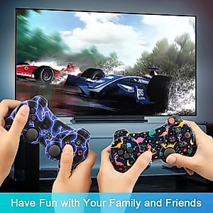 OUBANG 2 Pack Remotes Work for PS3 Controller Wireless, Cool Blue Gamepad Compatible with Playstation 3 Controller, Wireless Game Control for PS3 with Upgraded Joystick, Pa3 Controllers for PS3 Gift