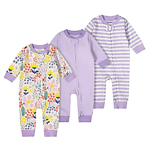 Teach Leanbh Baby Boys Girls 3 Pack Footless Pajamas Cotton Long Sleeve 2 Way Zipper Romper Sleep and Play (as1, age, 3_months, 6_months, Baby, Purple/Flower, 3-6 Months)