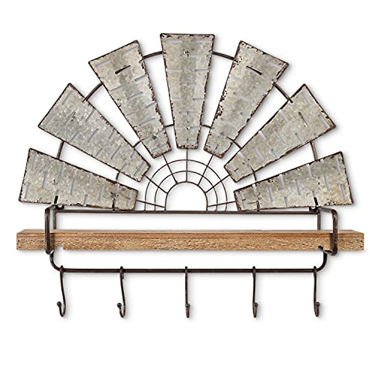 Lone Elm Studios 24.05in L Metal and Wood Windmill Wall Shelf and Coat Hook