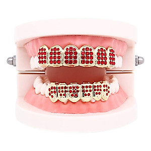 18K Gold Plated Iced Out CZ with Red Blue Pink Diamond Top and Bottom Grills for Your Teeth Men Women Hip Hop Jewelry