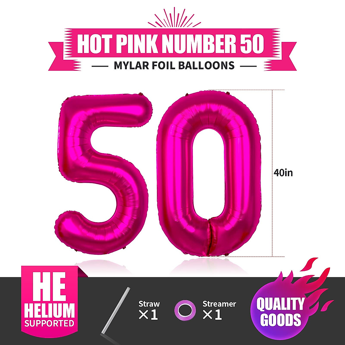GINZU 40 Inch Hot Pink 50 Number Balloons Giant Jumbo Huge 50 Foil Mylar Helium Number Digital Balloons Dark Pink 50th Birthday Balloons 50th Anniversary Events Party Decorations Photo Shoot Supplies