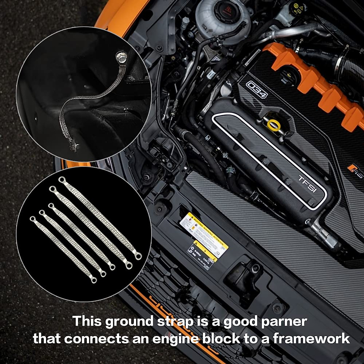 Universal Flat Braided Copper Ground Strap,Professional Vehicle Grounding Cable Straps with Terminals Plugs,Tinplate Silver Color Automotive Engine Copper Ground Strap for Most Cars