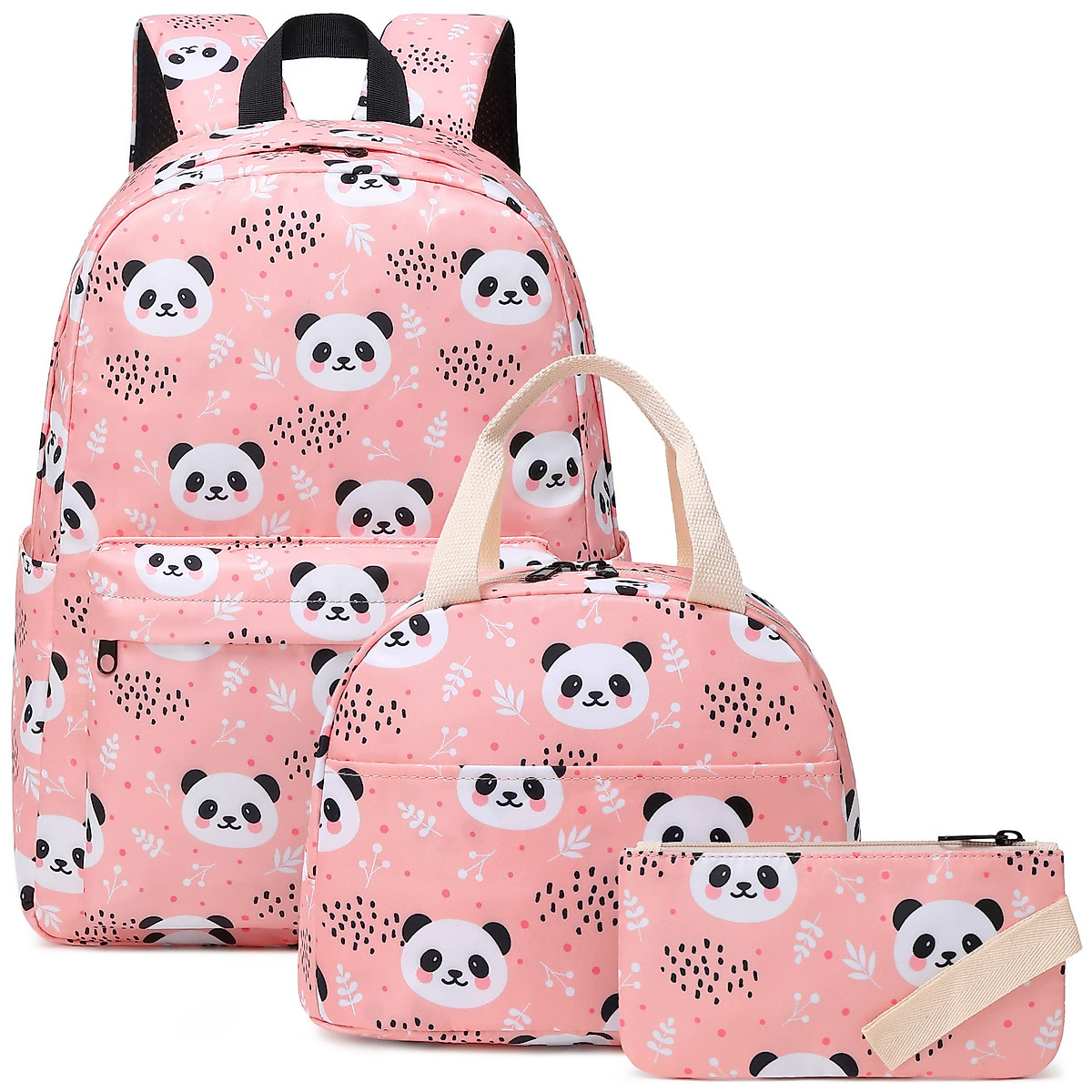 Panda Girls School Backpacks for Kids Teens, 3-in-1 School Bag Bookbags Set with Lunch Bag Pencil Case (Pink)