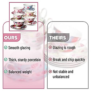 BTaT- Tea Cups, Tea Cups and Saucers Set of 6, Tea Set, Floral Tea Cups (8oz), Tea Cups and Saucers Set, Tea Set, Porcelain Tea Cups, Tea Cups for Tea Party, Rose Teacups, China Tea Cups (Bone China)