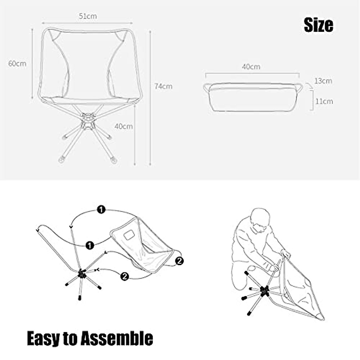 LSLANSOON Portable Camping Chair, Collapsible Backpacking Chair Beach Chair with Carry Bag for Outdoor Hiking Fishing Picnic (Black)