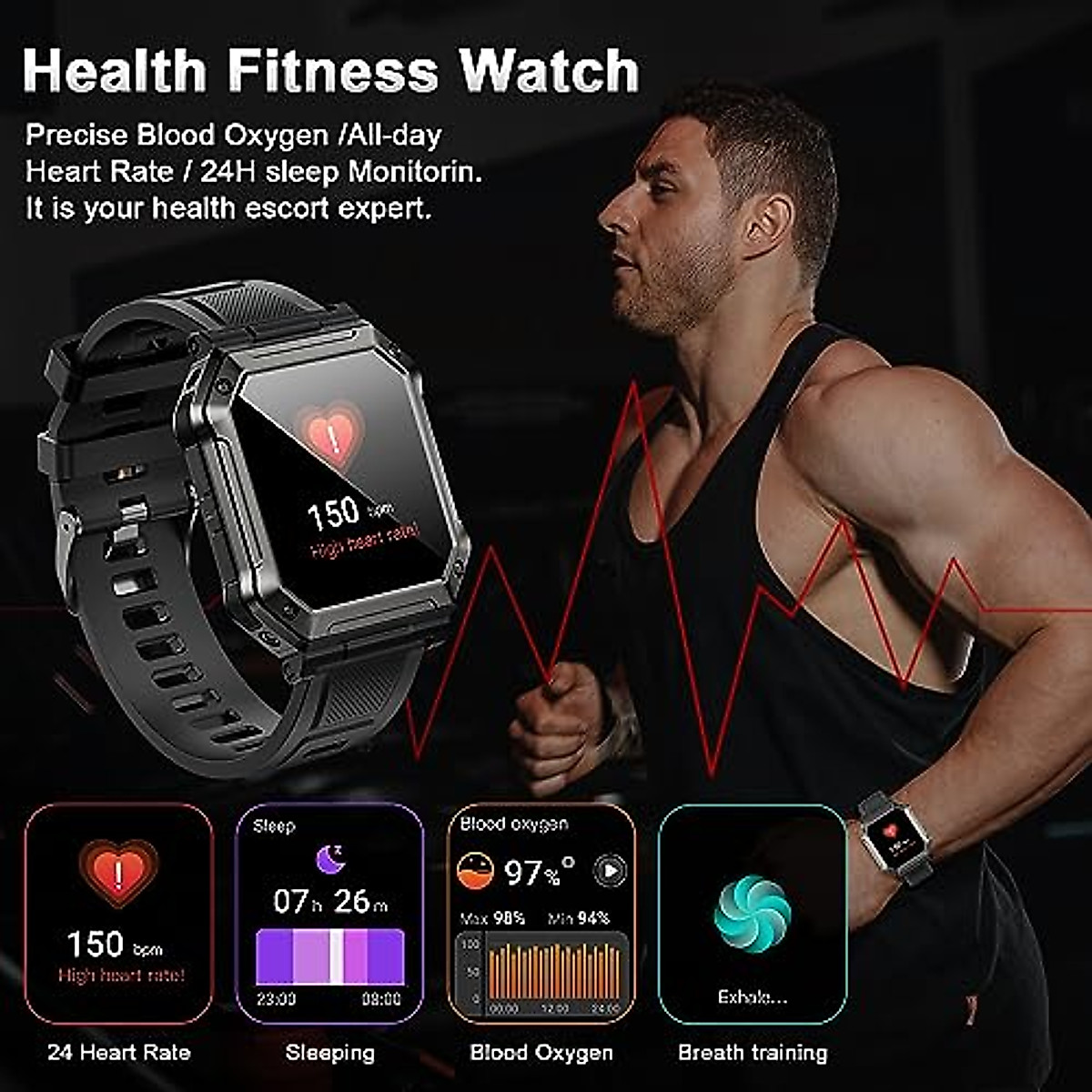 Smart Watch for Men Fitness Tracker: (Make/Answer Call) Bluetooth Military Smartwatch for Android Phones iPhone Waterproof Outdoor Digital Sport Run Tactical Watches Step Counter Heart Rate Monitor