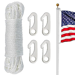 NQ Flag Pole Rope Kit - 50 Feet x 1/4" Diameter Flag Pole Halyard Nylon Rope with 4 Pieces Flag Pole Hook Clips - Outdoor Flagpole Accessories, Rope for Clothesline, Swing, Camping (50FT, White)