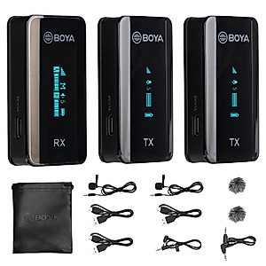 BOYA BY-XM6-S2 Wireless Lavalier Microphone, with OLED, 328ft Range, 2.4GHz Dual Lapel Wireless Microphone for Phone Camera PC Video Recording Interview Vlog Live Stream (2 TX+1 RX)