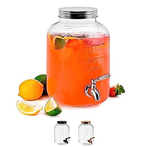 Kook Glass Drink Dispenser, with Leak-Proof Stainless Steel Spigot, Clear Mason Jar, Beverage Storage for Fridge, for Water, Iced Tea, Sangria, Lemonade, 1 Gallon (1, Silver)