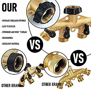 Hourleey Brass 4 Way Heavy Duty Garden Hose Splitter, Water Hose Splitter for 3/4" Hose Connector, Hose Faucet Splitter Hose Spigot Adapter 4 Valves with 4 Rubber Washers & Tape