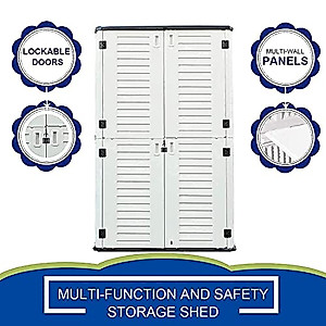KINYING Outdoor Storage Shed Waterproof, Resin Vertical Storage Cabinet Double-Layered, Versatile to Store Patio Furniture, Garden Tools, Pool Accessories,Mower (52 Cu.ft,White)