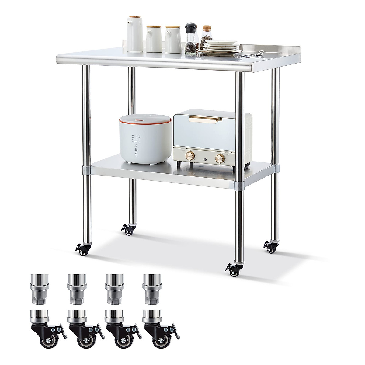 Sapodilla NSF Stainless Steel Worktables with Wheels, 36×24 Inches Commercial Heavy Duty Tables with Backplash and Adjustable Undershelf for Kitchen, Restaurant, Hotel and Garage