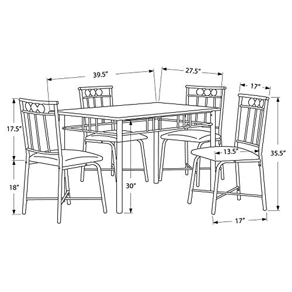 Monarch Specialties 1018 Table, 5pcs, Small, 40" Rectangular, Kitchen, Metal, Laminate, Black, Contemporary, Modern Dining Set, 40" x 28" x 30"
