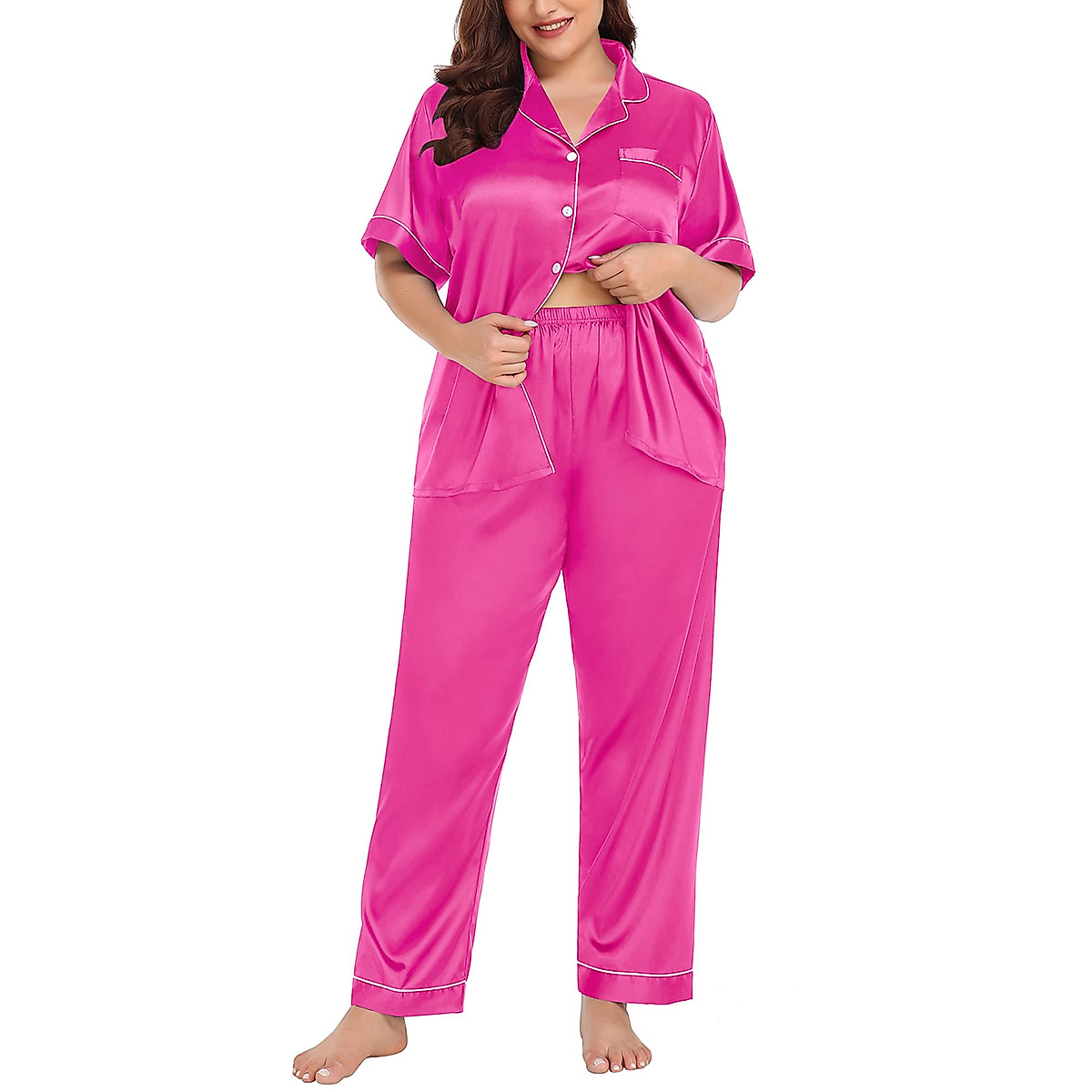 SWOMOG Satin Pjs for Women Plus Size Pj Set Summer Pajamas Smooth and Soft Pajama Set Comfy Nightwear 24W Rose Red