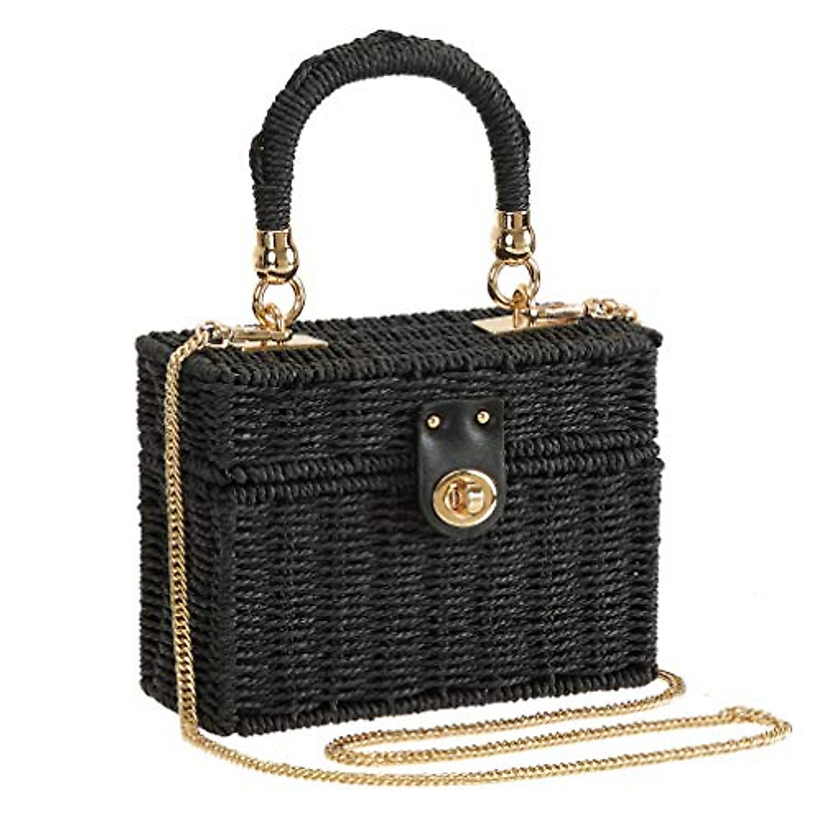 TaiGuri Women's Handmade Straw Rattan Woven Chain Purse Handbag Tote Shoulder Bag Black